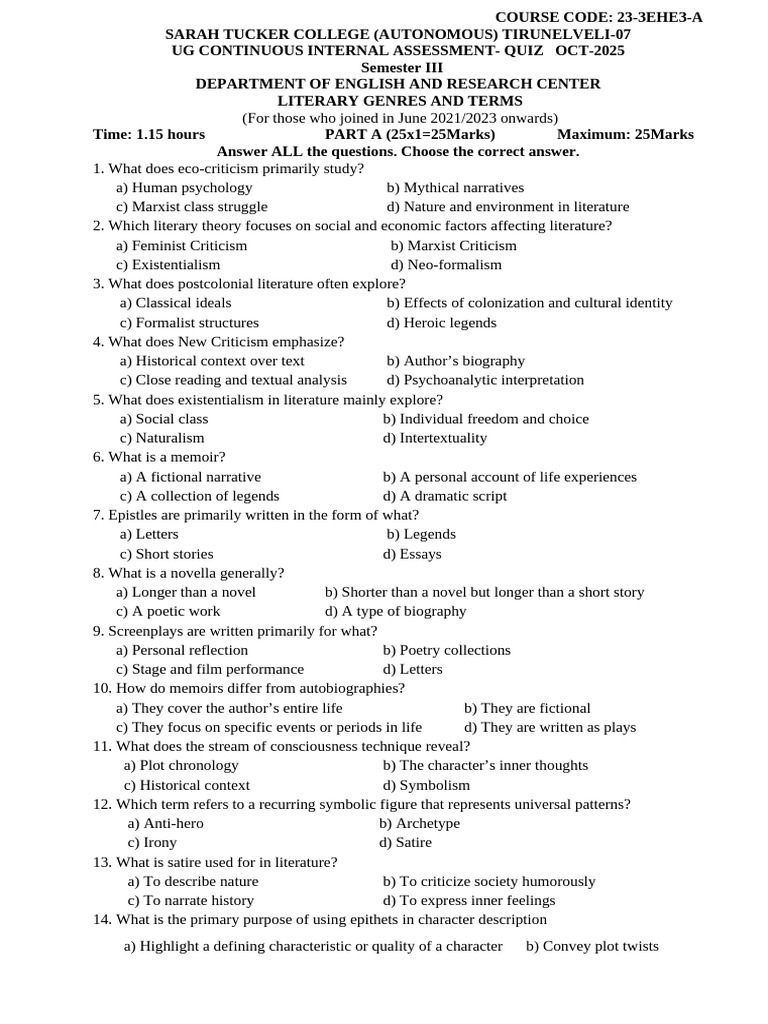 English Literary Genres Quiz 2025 | PDF | Narrative | Narration