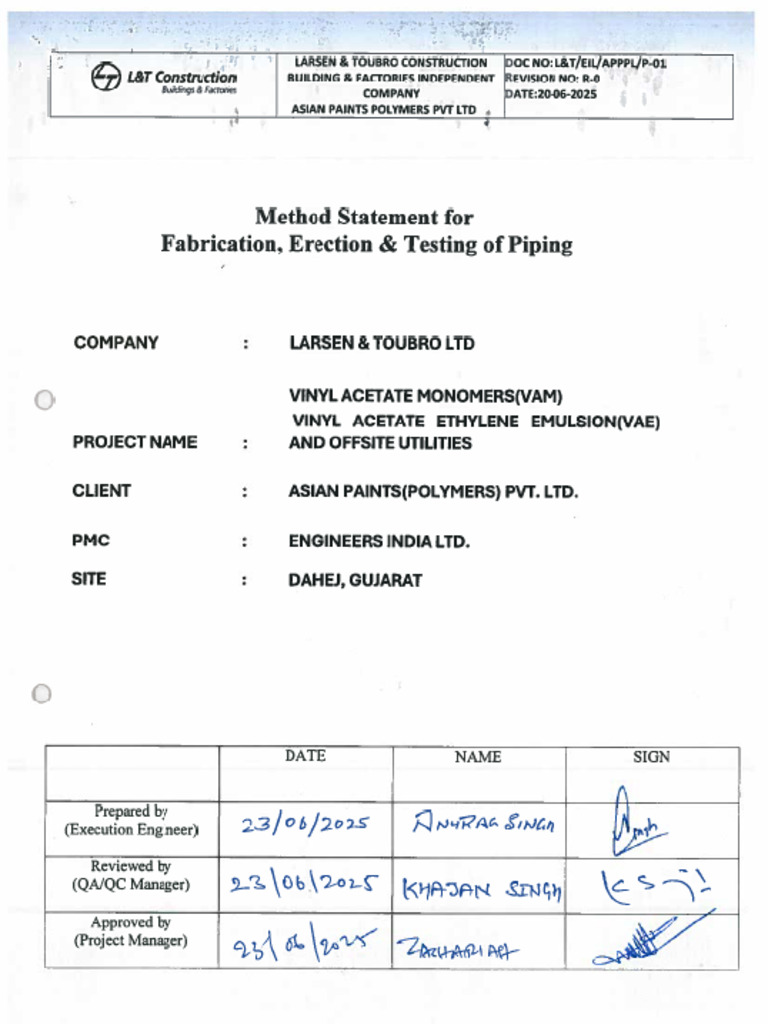 Method Statement For Piping | PDF