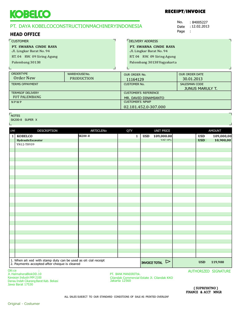 Invoice Kobelco Cinde 5 | PDF | Receipt | Payments