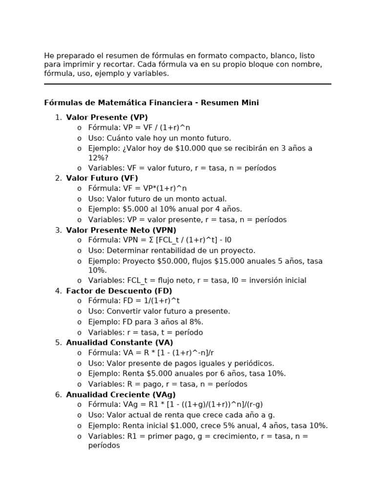 Resumen de Fórmulas de Matemática Financiera | PDF | Compartir ...