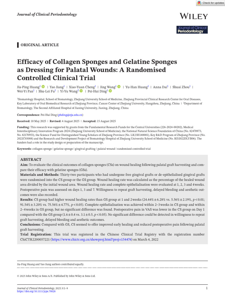 J Clinic Periodontology - 2025 - Huang - Efficacy of Collagen Sponges ...