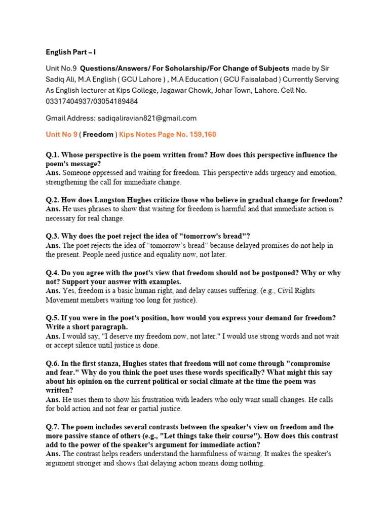 English Part One Unit No. 9 Freedom QA | PDF