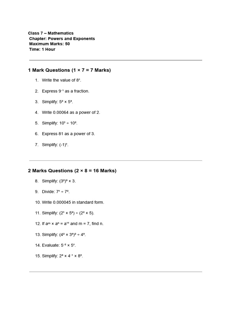 Powers and Exponents Class 7 Questions | PDF