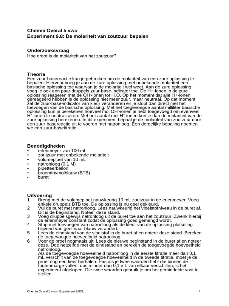 Chemie Overal Exp. 9.8 de Molariteit Van Zoutzuur Bepalen | PDF