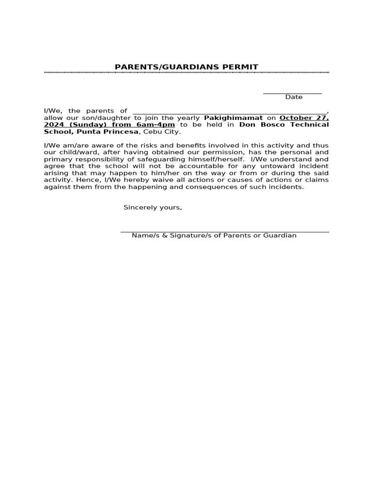 Pakighimamat Parents Permit 2024 | PDF