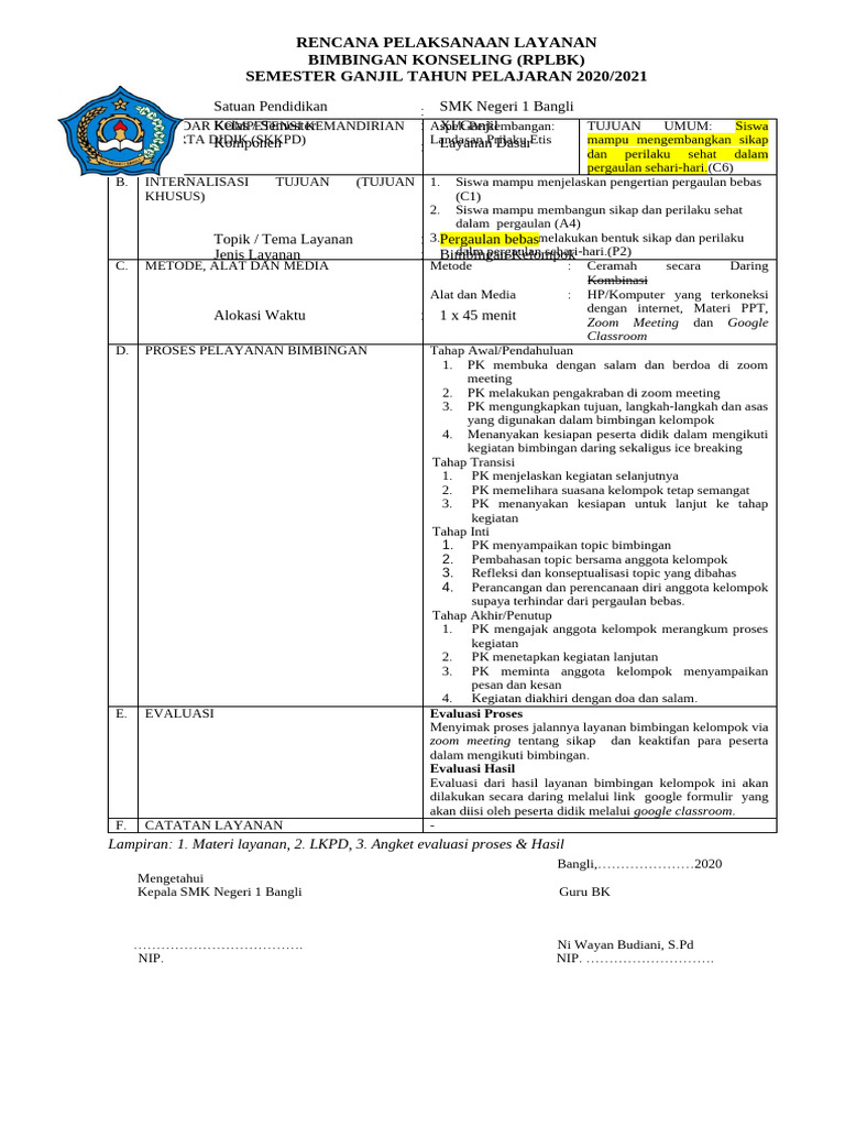 Contoh RPL Bimbingan Kelompok 2020/2021 | PDF