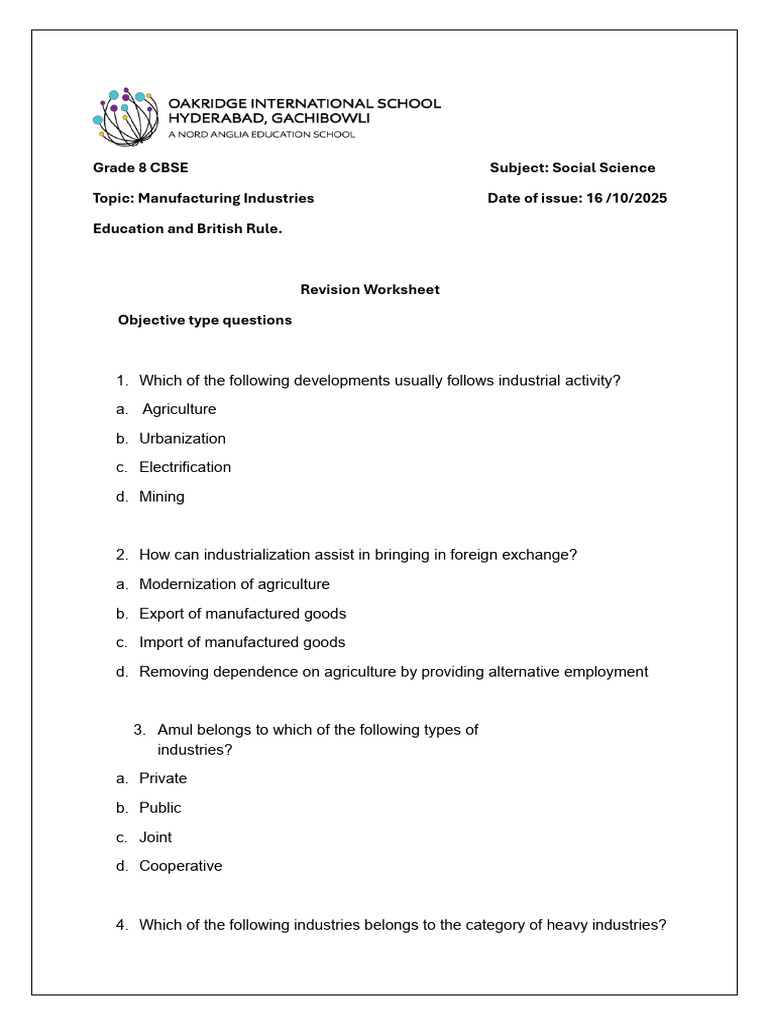 Grade 8 CBSE Assessment - 3 Revision Worksheet | PDF | Iron | Secondary ...