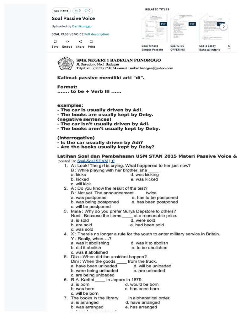 Soal Passive Voice Exercises | PDF | Syntactic Relationships ...