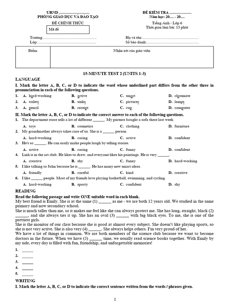 15-Minute English Test for Grade 6 | PDF