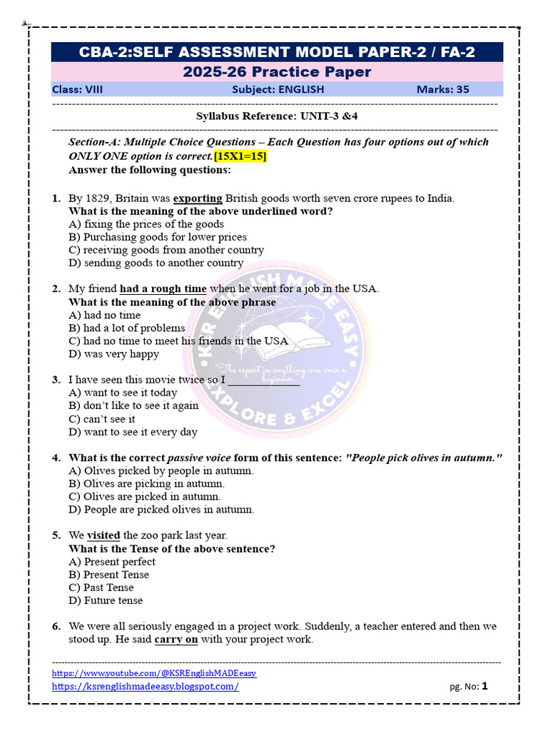 8th SAMP-2 (FA-2) English CBA Model Practice Paper 2025-26 | PDF ...