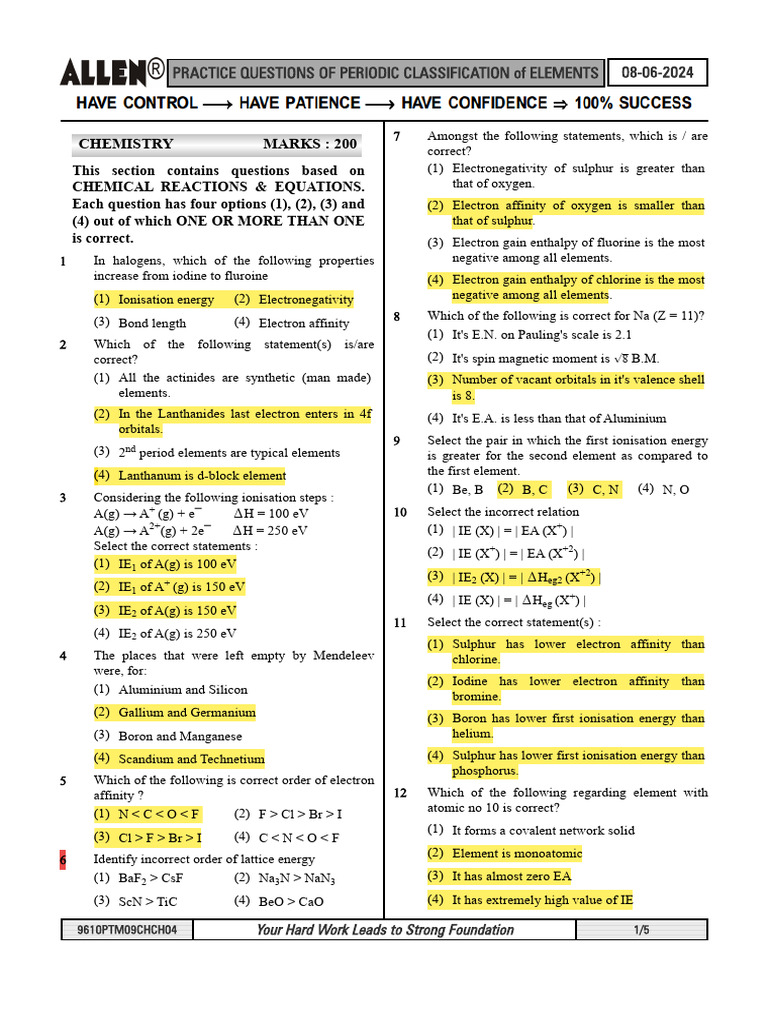 Prodigy-4 Periodic Classification of Elements Chemistry Paper | PDF ...