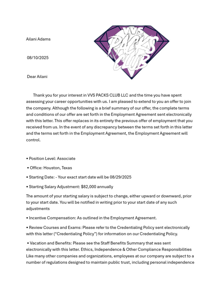 VVS PACKS CLUB Job Offer Letter | PDF | Business