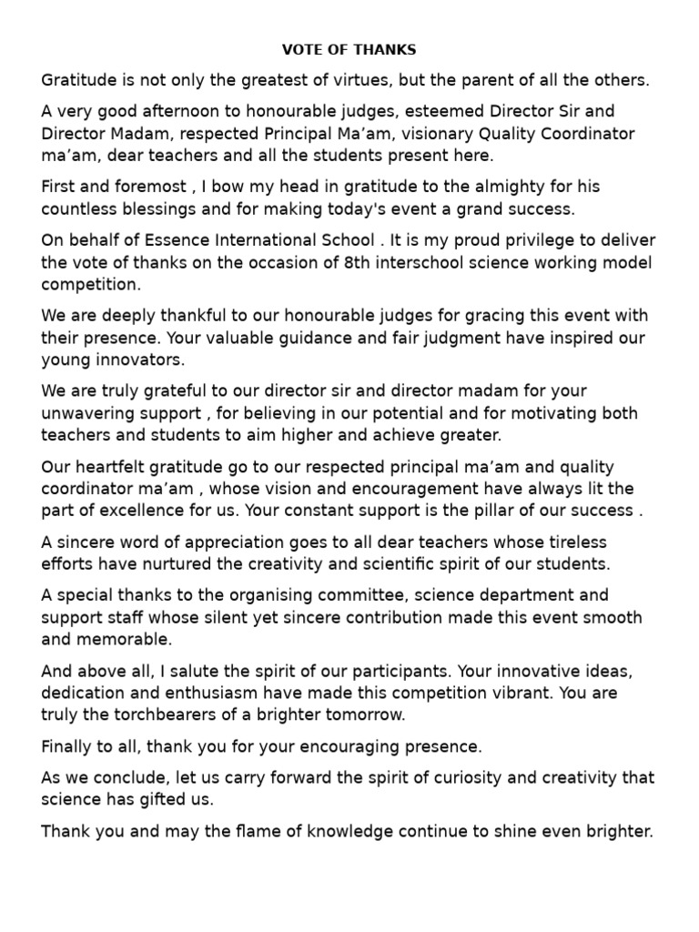 Vote of Thanks for Science Competition | PDF