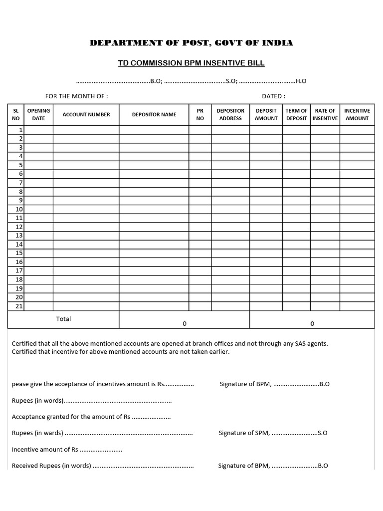 TD Commission BPM Incentive Bill Template | PDF