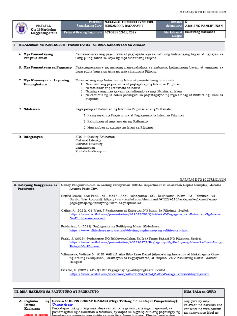 DLL Matatag - Ap 5 q2 w6 | PDF