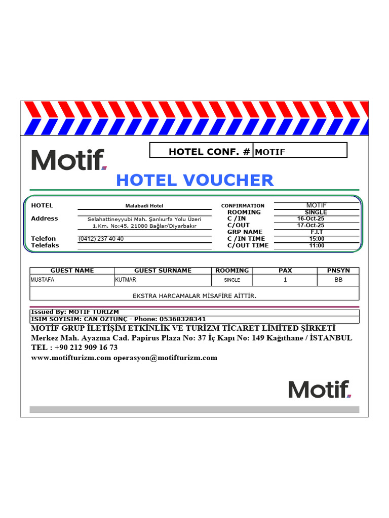 Sn. Mustafa Kutmar - Malabadi̇ Di̇yarbakir Otel Voucher | PDF