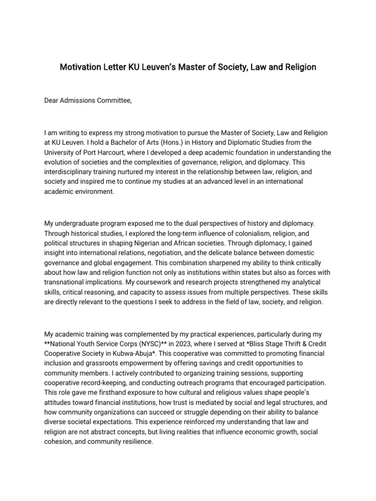 Motivation Letter for KU Leuven Master Program | PDF | Governance ...