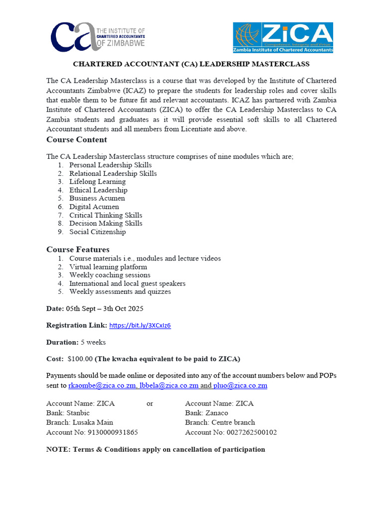 Advert CA Masterclass ZICA - Sept - Oct 2025 | PDF