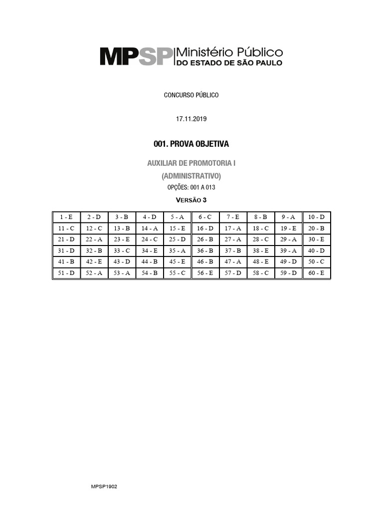 MPSP 2019 Gabarito | PDF