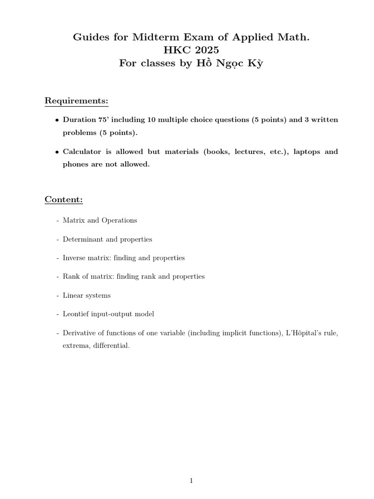 Guides and Problems For Midterm Exam | PDF | Matrix (Mathematics ...