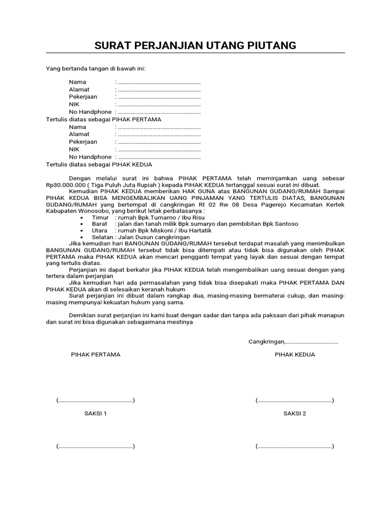 Surat Perjanjian Utang Piutang Resmi | PDF
