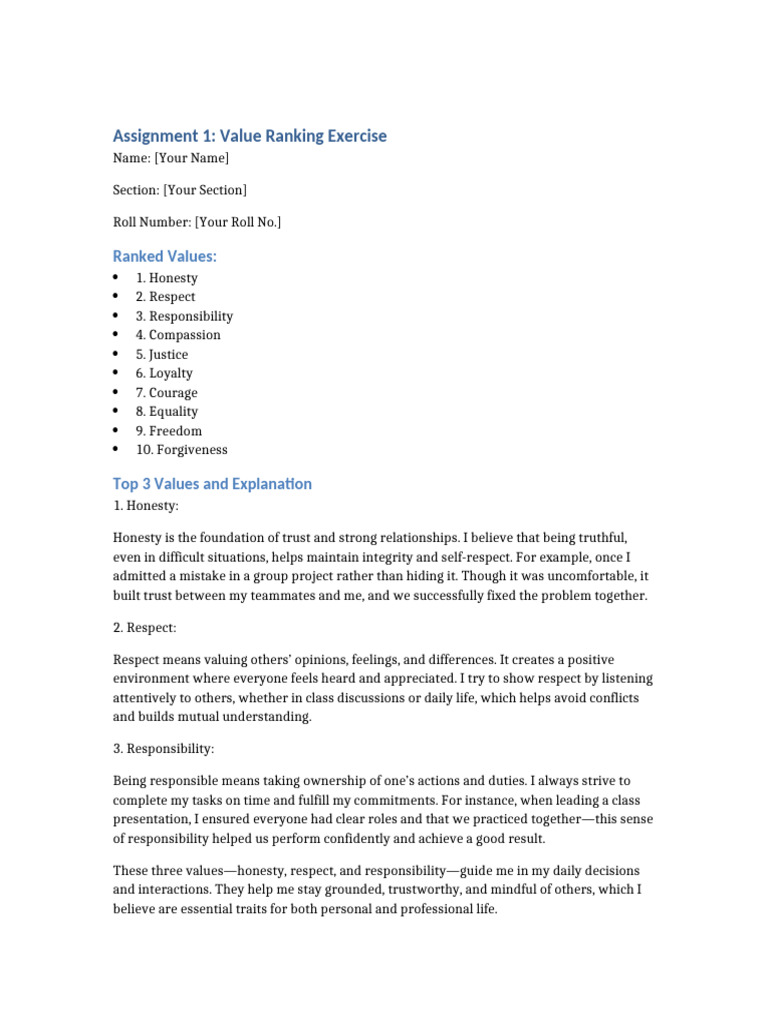 Assignment 1 Value Ranking Exercise | PDF