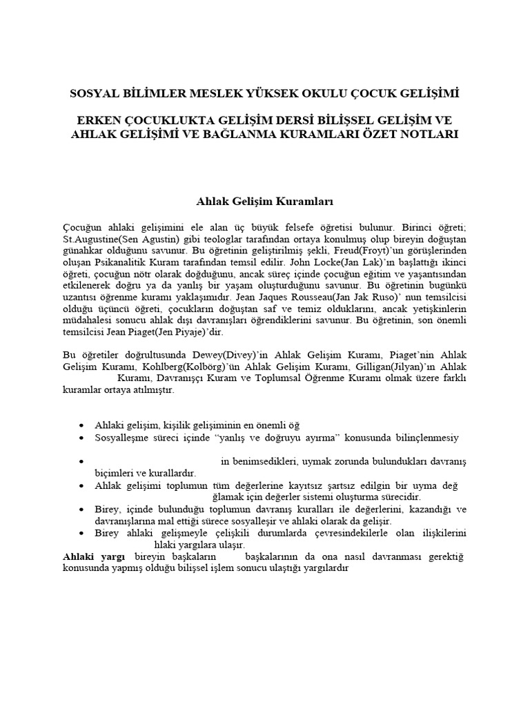 Ahlak Gelişimİ VE Bağlanma Kuramları VİZE 2023 | PDF
