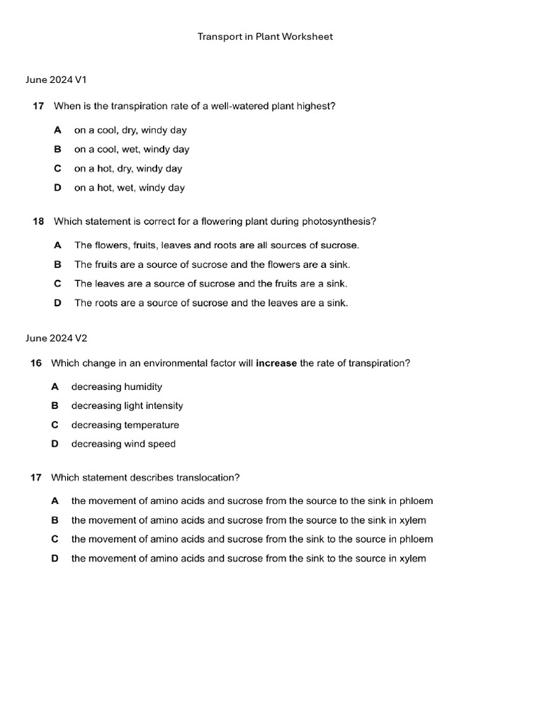Transport in Plant Worksheet | PDF
