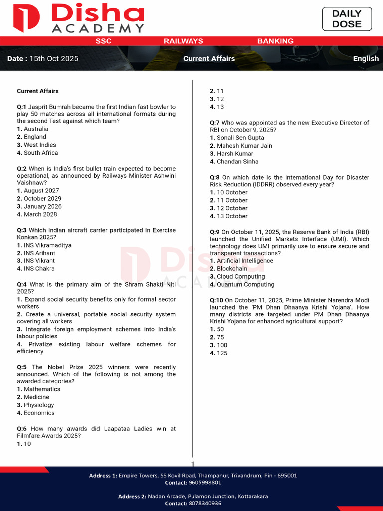 Current Affairs - English - 15th Oct 2025 | PDF