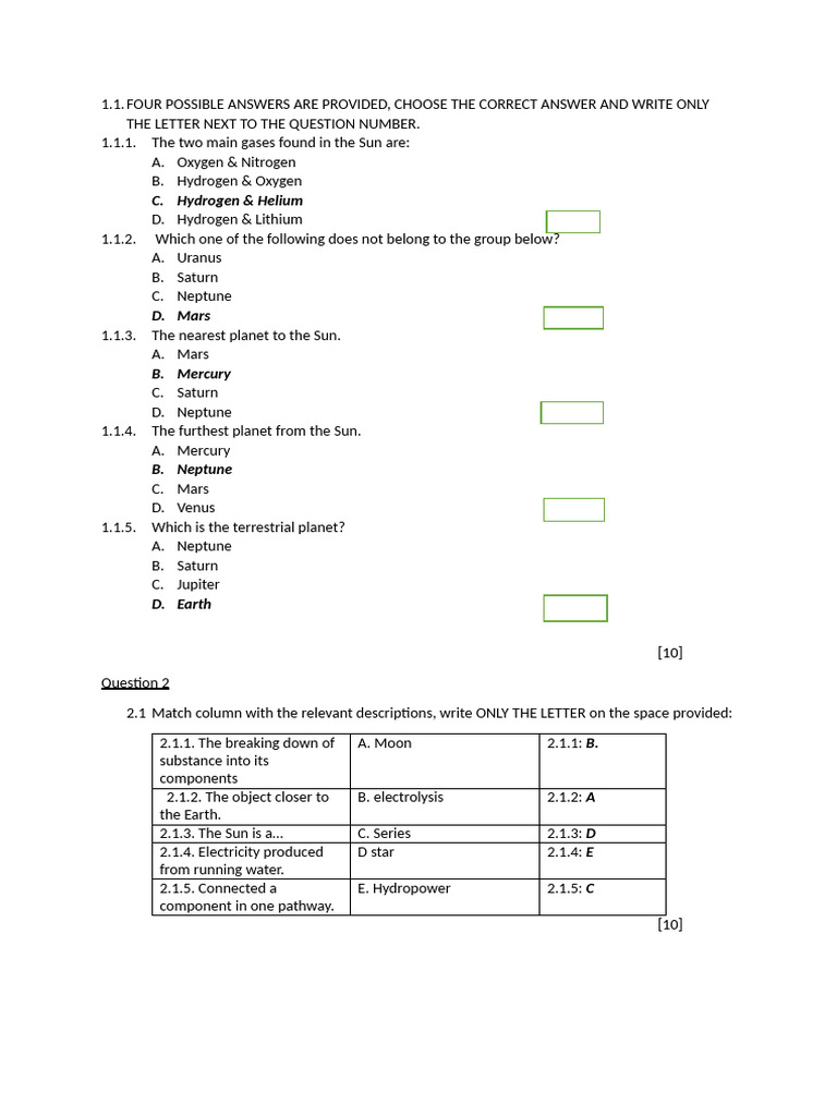 Grade 8 Natural Sciences Quiz | PDF | Planets | Sun
