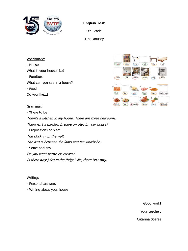5th Grade English Test: House Vocabulary | PDF