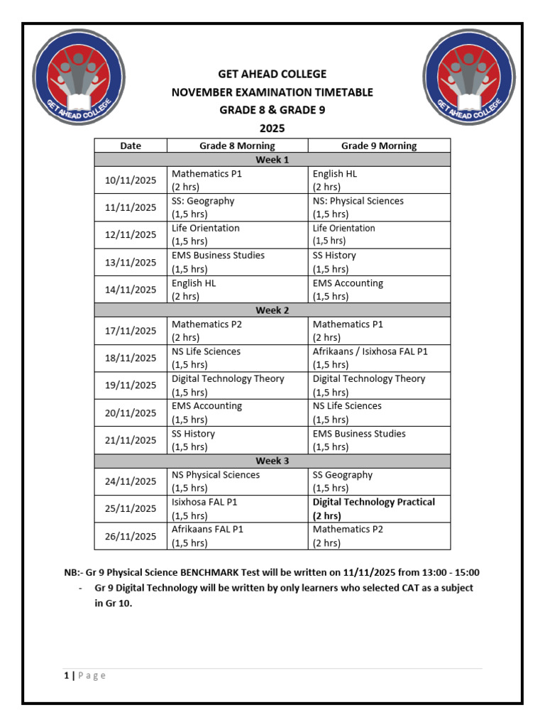 2025 Grade 8 & 9 Exam Timetable | PDF | Educational Stages | Secondary ...