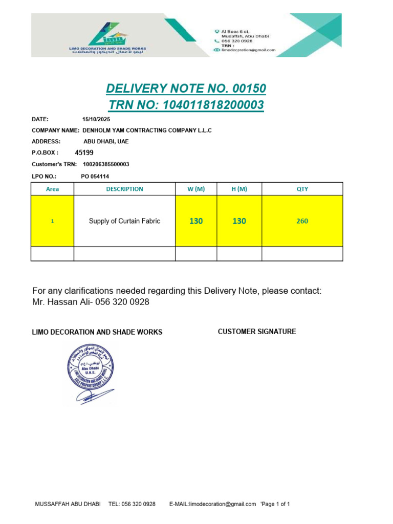 Delivery Note for Curtain Fabric Supply | PDF