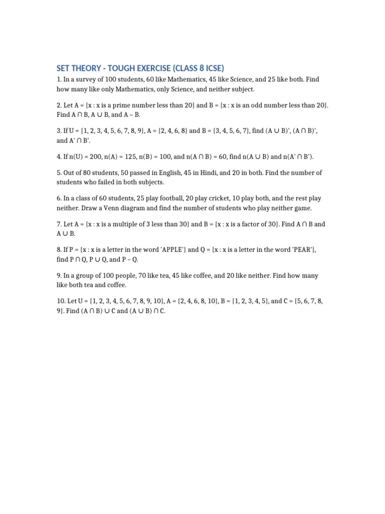 Class 8 ICSE Sets Worksheet Exercises | PDF