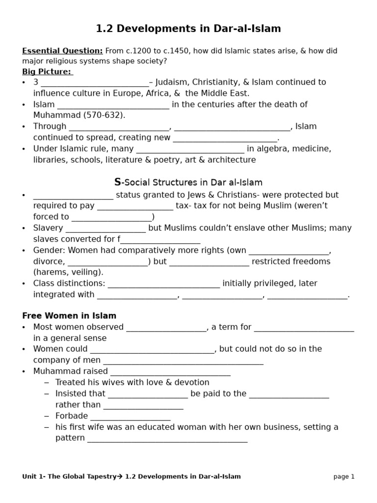 1.2 Developments in Dar Al Islam (Shortened) - Student Notes | PDF ...
