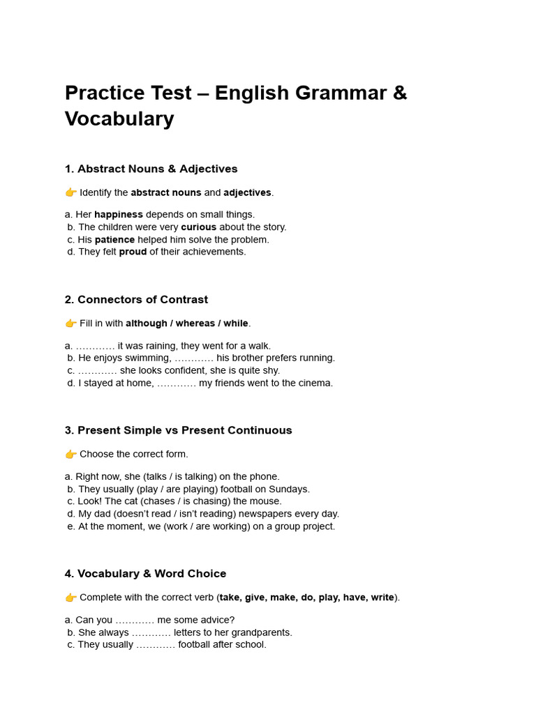 English Grammar & Vocabulary Practice Test | PDF | English Grammar ...