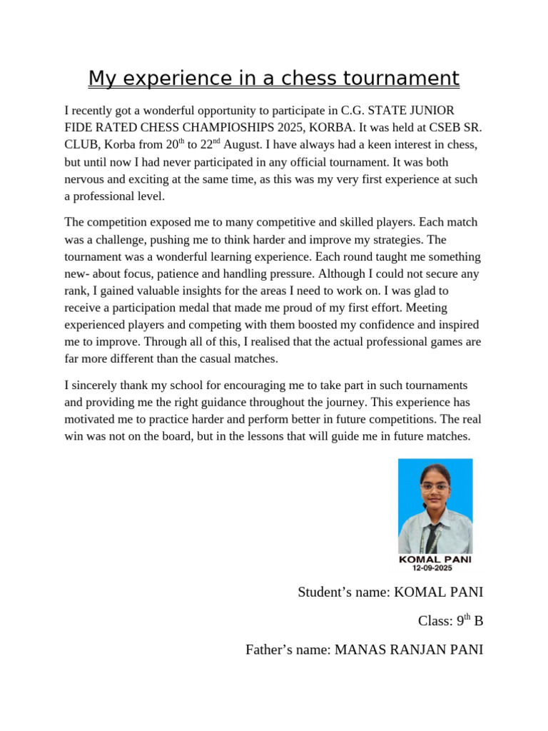 'My Experience in a Chess Tournament' by KOMAL PANI 9th B | PDF