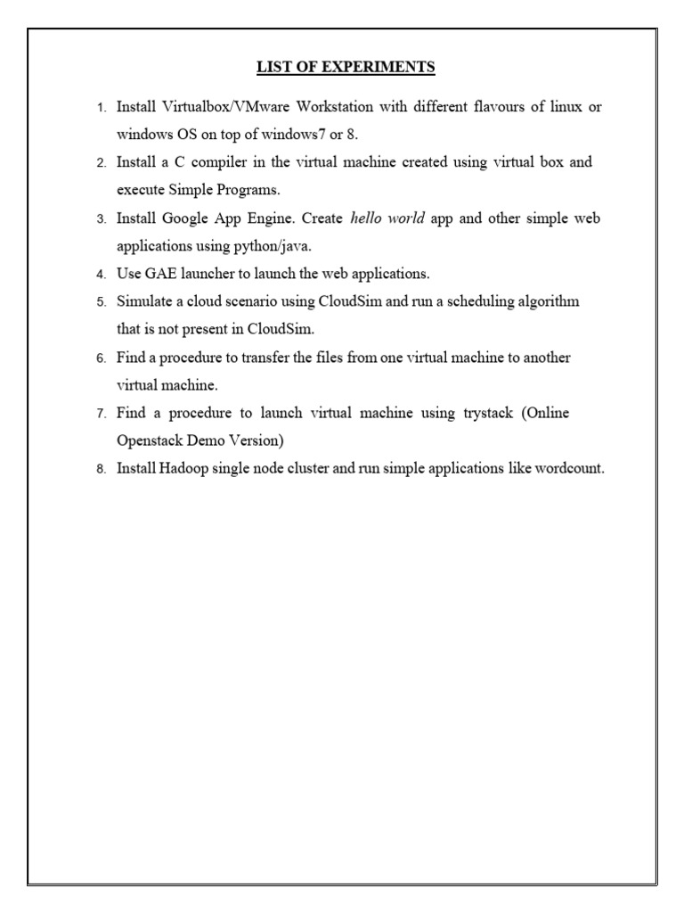 Cloud Computing Laboratory Manual and Exp List | PDF | Apache Hadoop | Open Stack