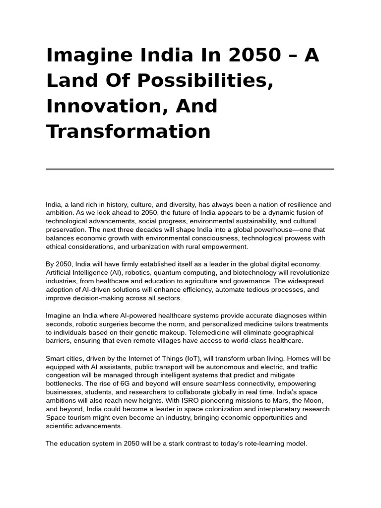 Imagine India in 2050 - A Land of Possibilities, Innovation, and ...