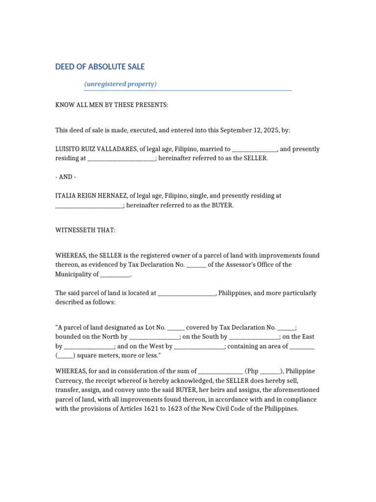 Deed of Absolute Sale Unregistered Property | PDF