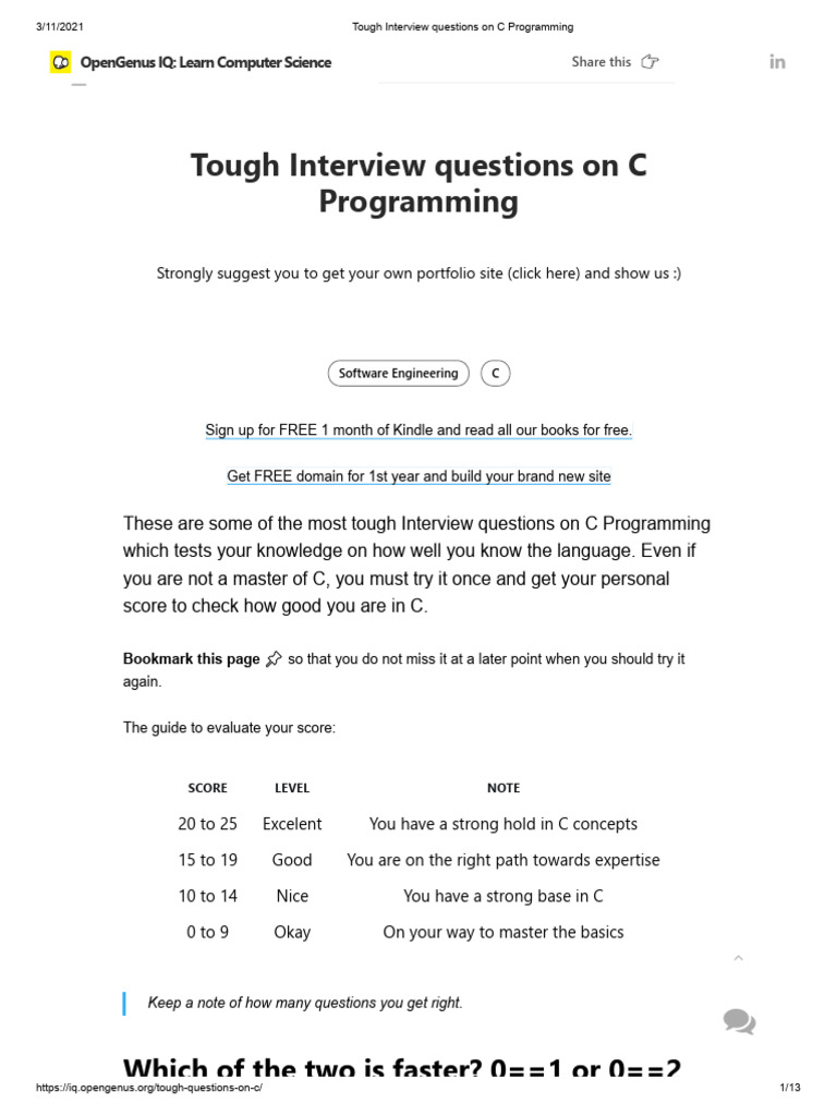 Tough C Programming Interview Questions | PDF | Pointer (Computer ...