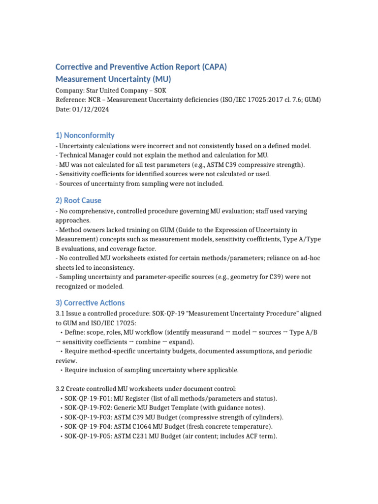 CAPA Measurement Uncertainty Full | PDF | Uncertainty | Spreadsheet