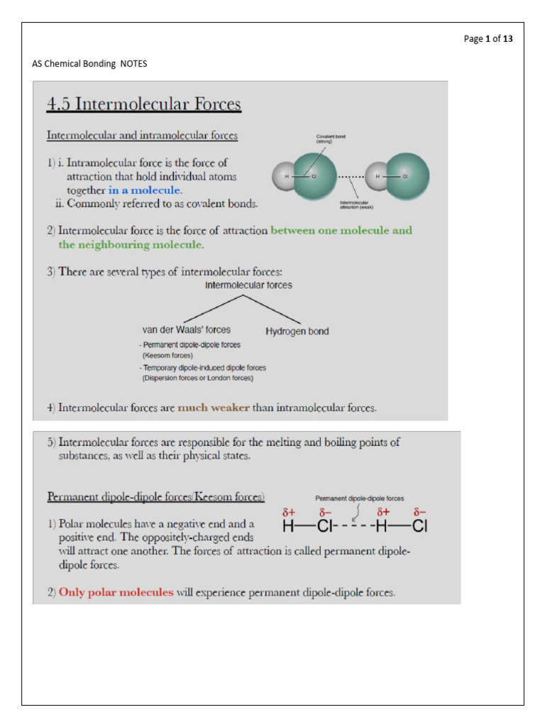 As Chemical Bonding Intermolecular Forces Notes | PDF