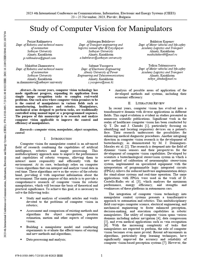 Computer Vision for Manipulator Control | PDF | Computer Vision | Image ...
