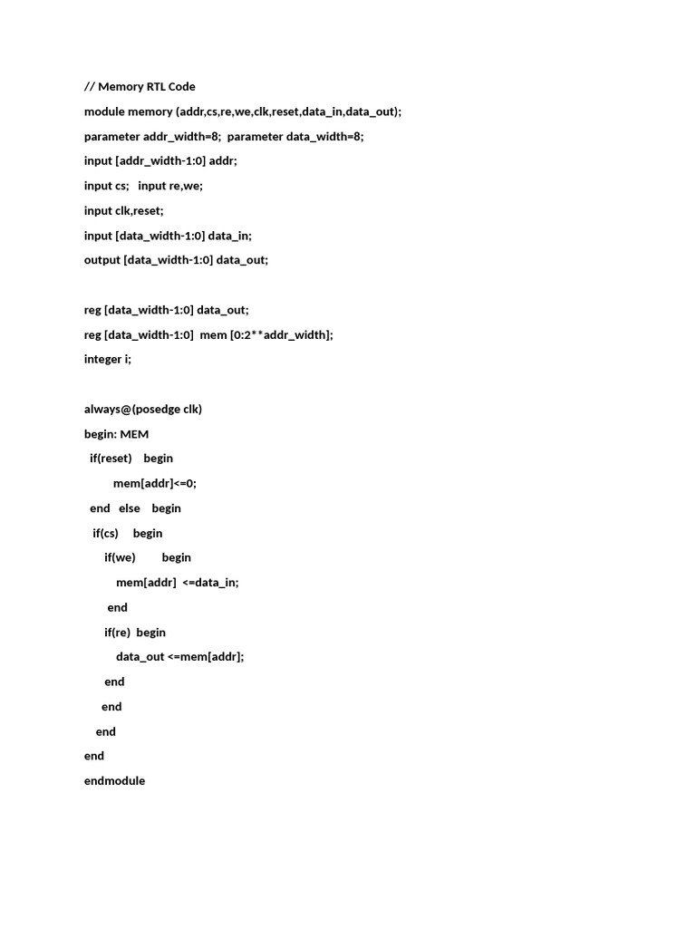 Memory RTL Code and Testbench Overview | PDF | Parameter (Computer ...