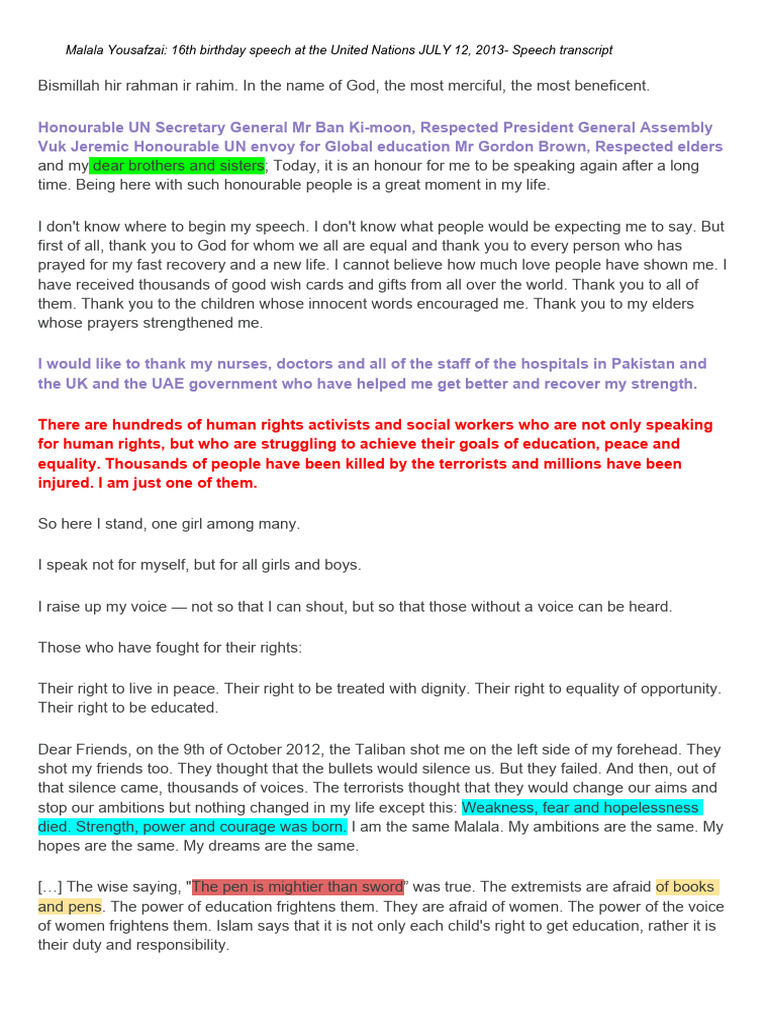 Malala's UN Speech on Education Rights | PDF | Malala Yousafzai