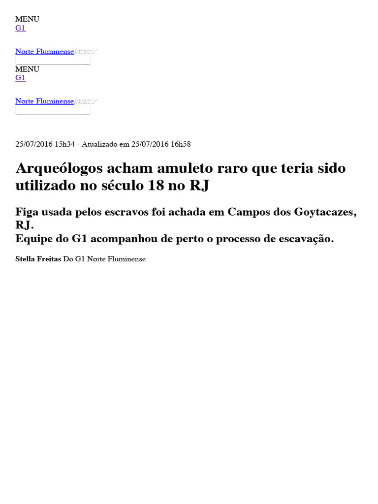 (2016) G1 - Arqueólogos Acham Amuleto Raro Que Teria Sido Utilizado No Século 18 No RJ | PDF ...