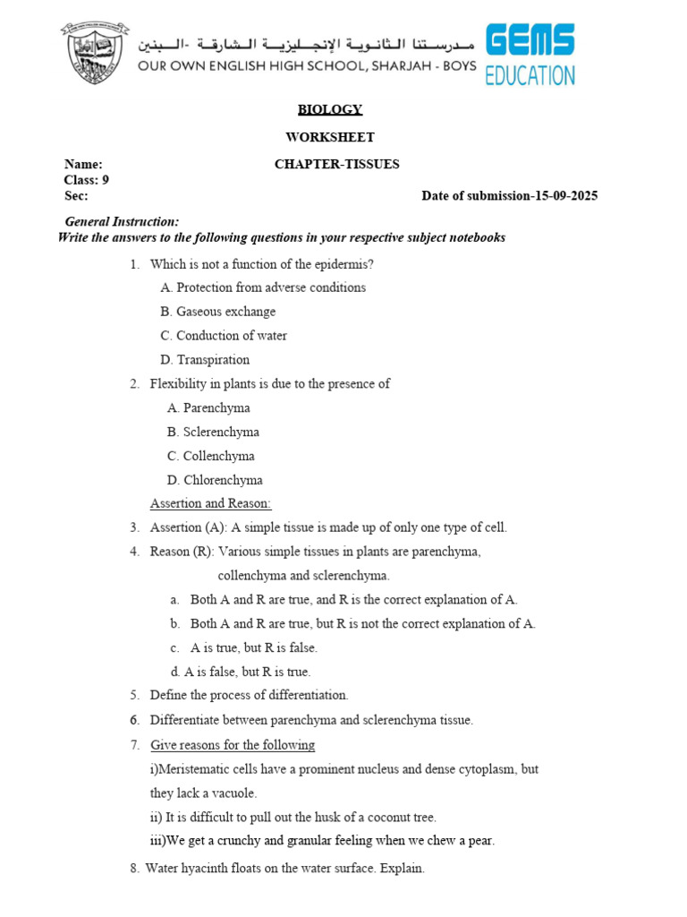 Grade 9 BIOLOGY - Worksheet Chapter - TISSUES 2025-26 | PDF | Tissue ...