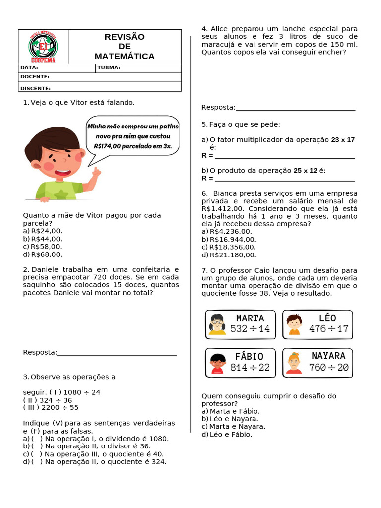 MULTIPLICAÃ_Ã_O E DIVISÃ_O - TUDO SALA DE AULA II | PDF