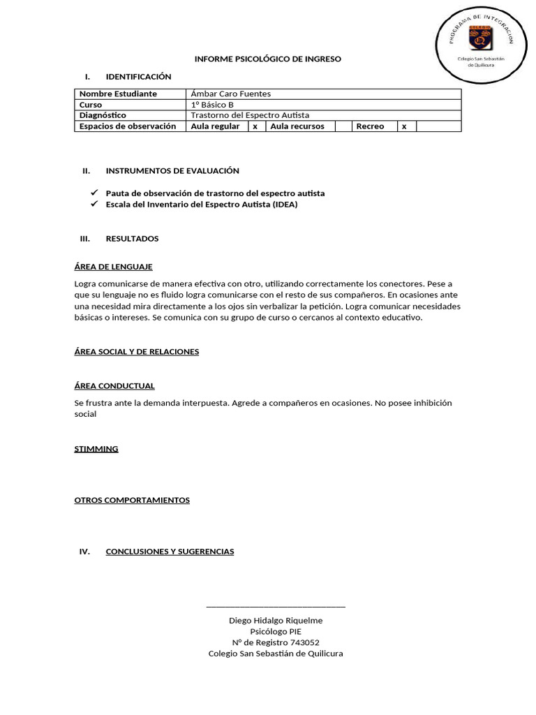 Informe Psicológico de Ingreso (Tea) Formato | PDF